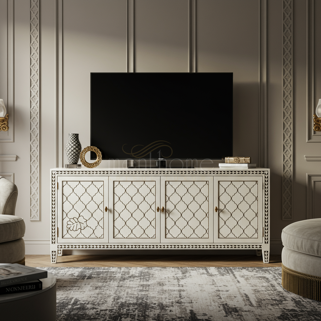 Luxury Inlay TV Cabinet with Elegant Pattern | Luxury Handmade TV Cabi – Menthome India