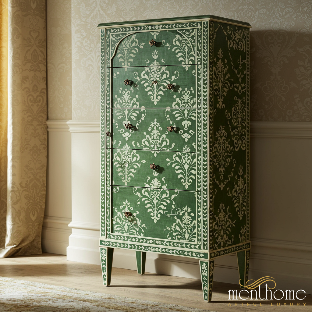 Hand-Painted Green Floral Pattern Tall Dresser | Luxury Handmade Tallb ...
