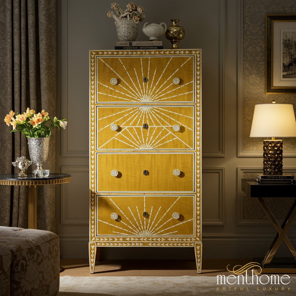Elegant Yellow Sunburst Chest of Drawers | Luxury Handmade Tallboy ...