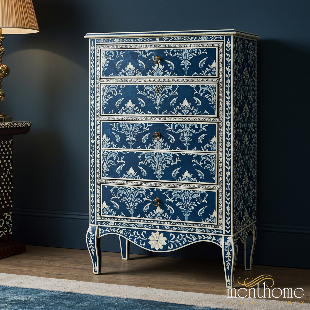 Handcrafted Blue Floral Pattern Chest of Drawers | Luxury Handmade Tal ...