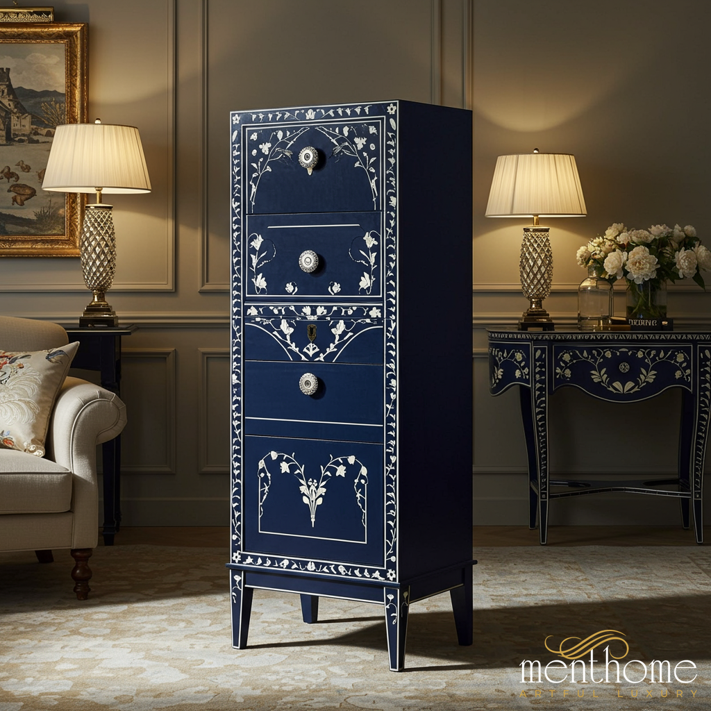 Navy Blue Floral Inlay Tall Chest of Drawers | Luxury Handmade Tallboy ...