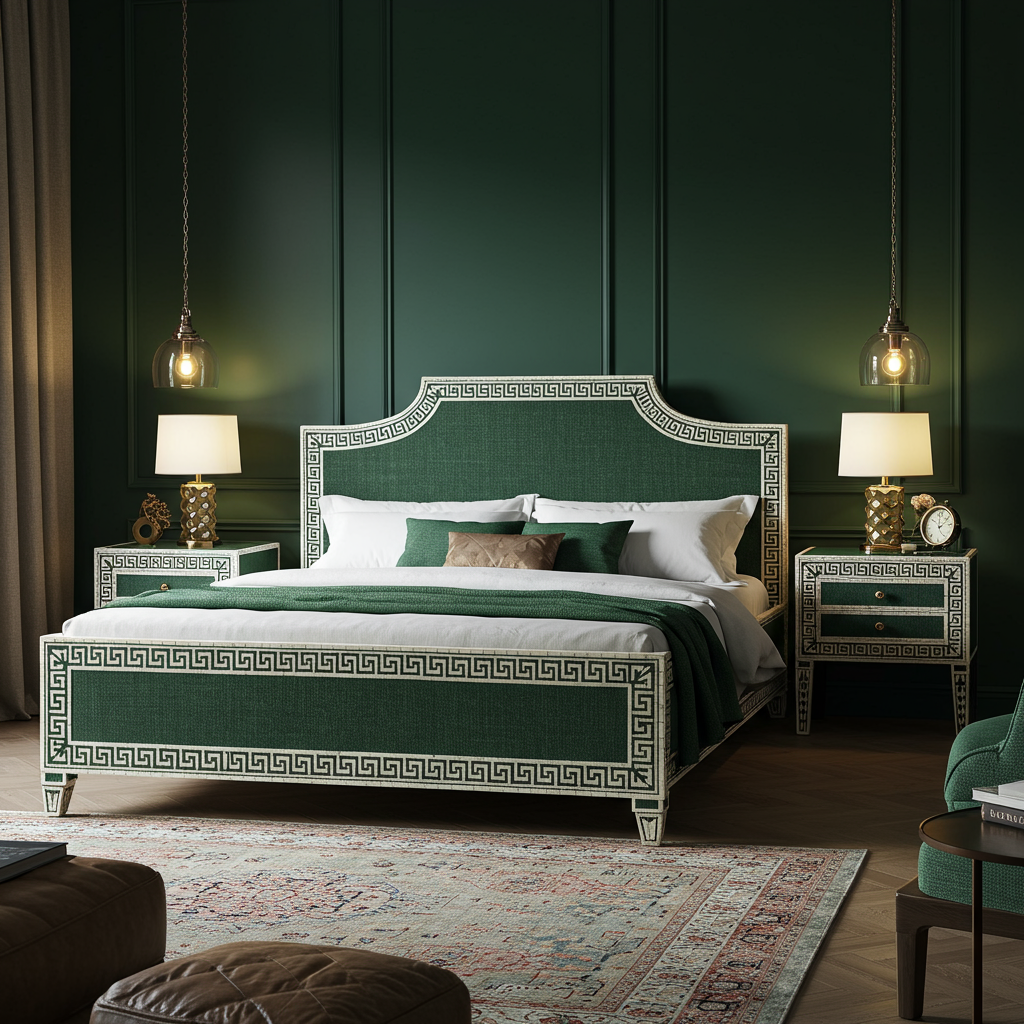 Luxurious Greek Key Upholstered King Bed with Matching Nightstands ...