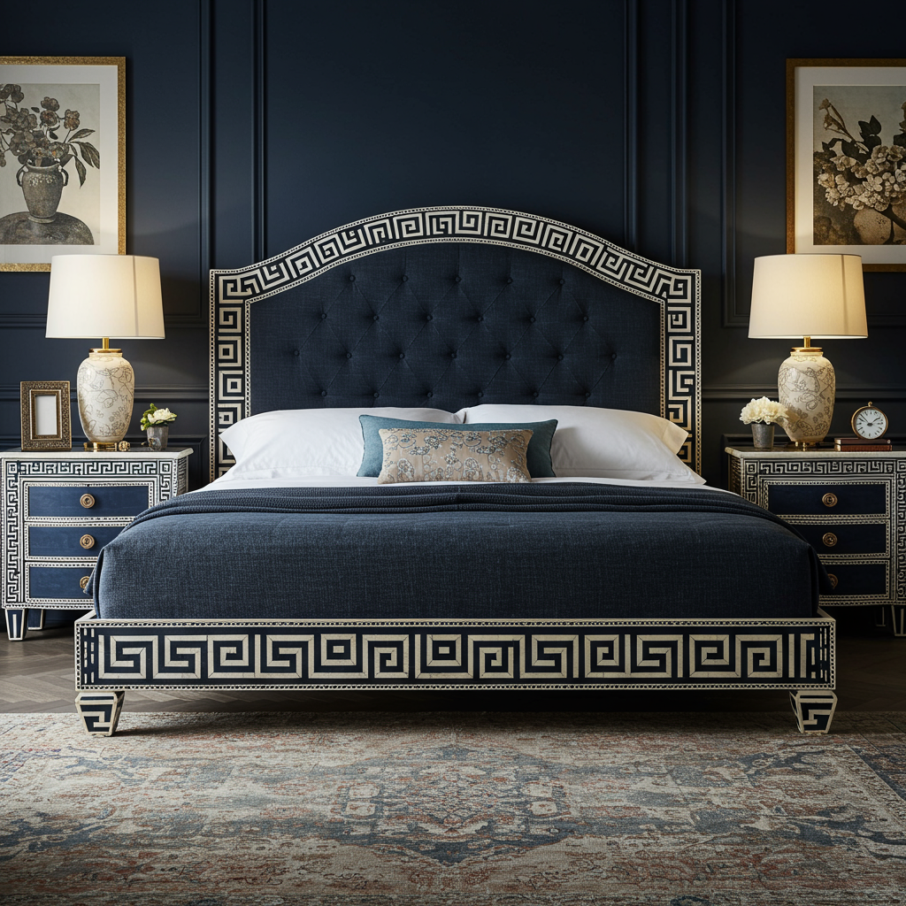 Luxury Blue Upholstered King Bed with Greek Key Design – Menthome India