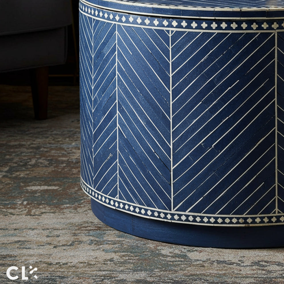 Blue and White Geometric Pattern Round Coffee Table | Luxury Handmade ...