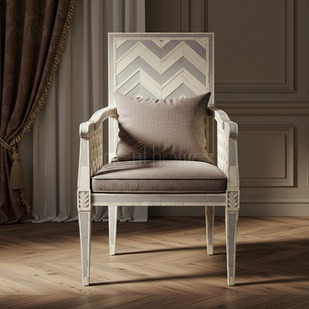 Elegant Inlay Chair with Chevron Pattern and Cushioned Seating | Luxur ...
