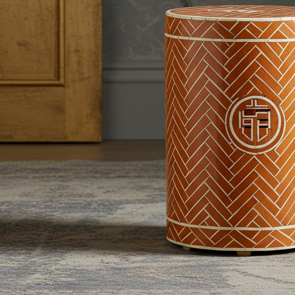 Decorative Cylindrical Wooden Stool with Geometric Pattern | Luxury Ha ...