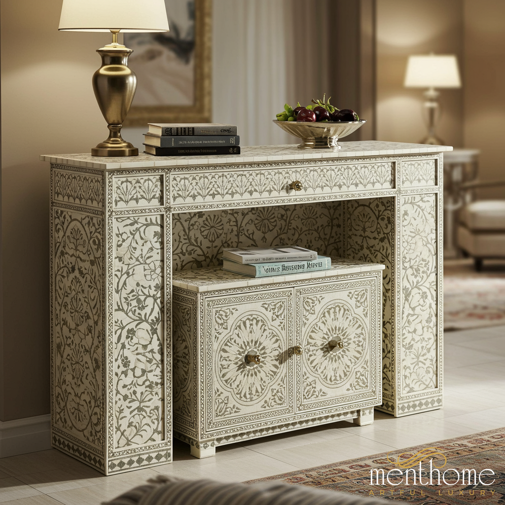 Antique Floral Inlay Console Table with Storage Cabinet | Luxury Handm ...
