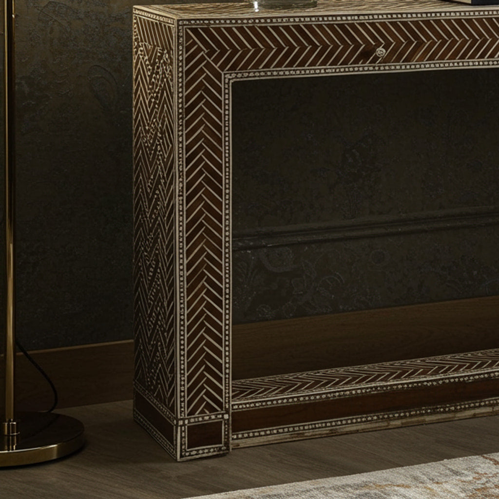 Elegant Brown Console Table with Intricate White Pattern | Luxury Hand ...