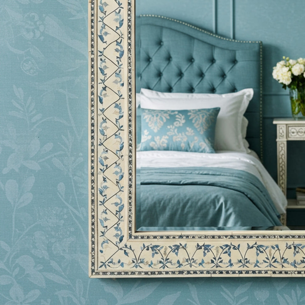 Elegant Floral Pattern Wall Mirror with Ivory and Blue Frame | Luxury ...