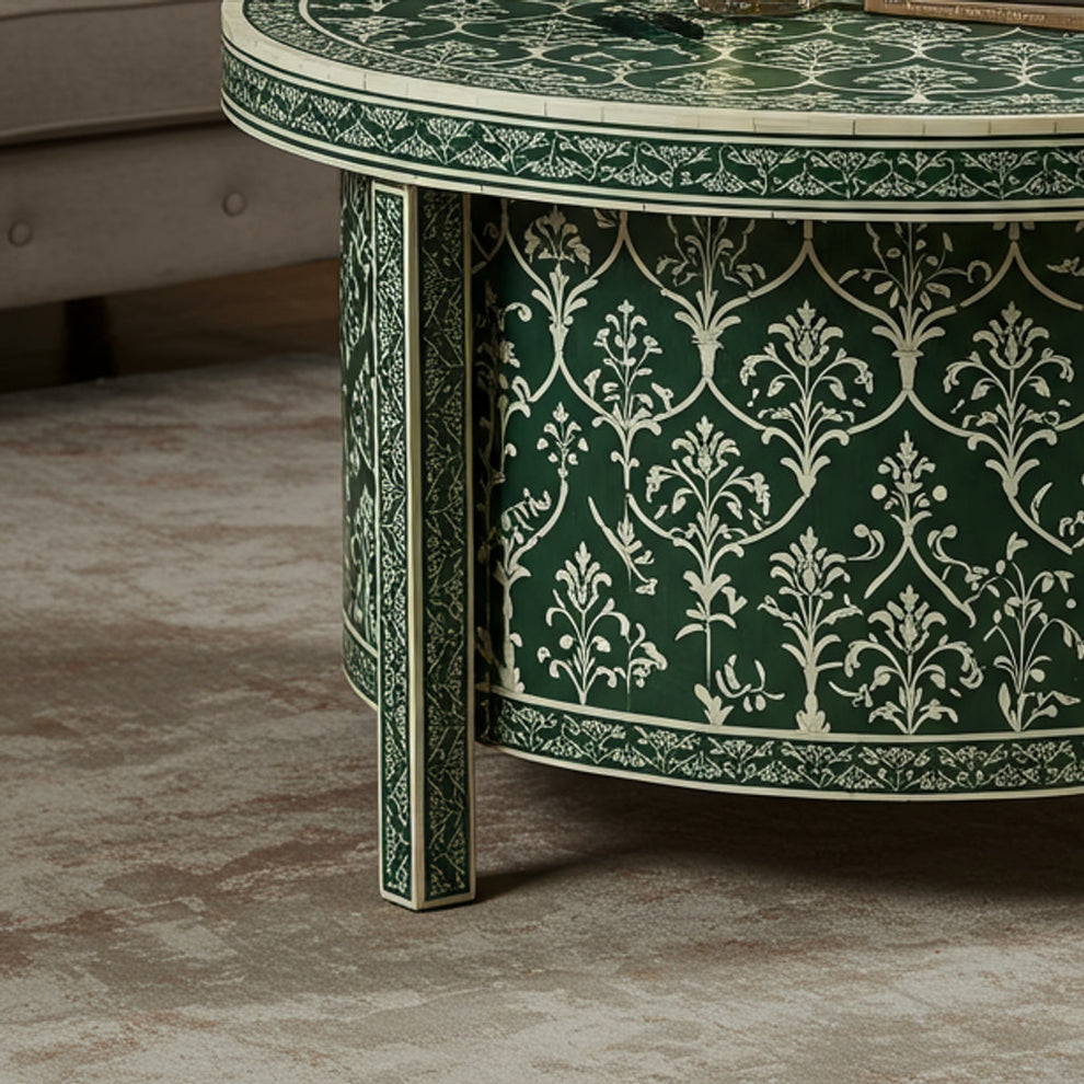 Elegant Green Floral Patterned Round Coffee Table | Luxury Handmade Co ...