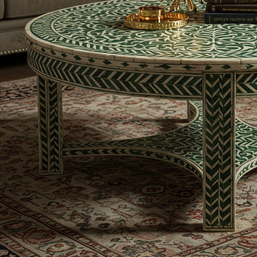 Elegant Inlaid Bone and Wood Round Coffee Table | Luxury Handmade Coff ...