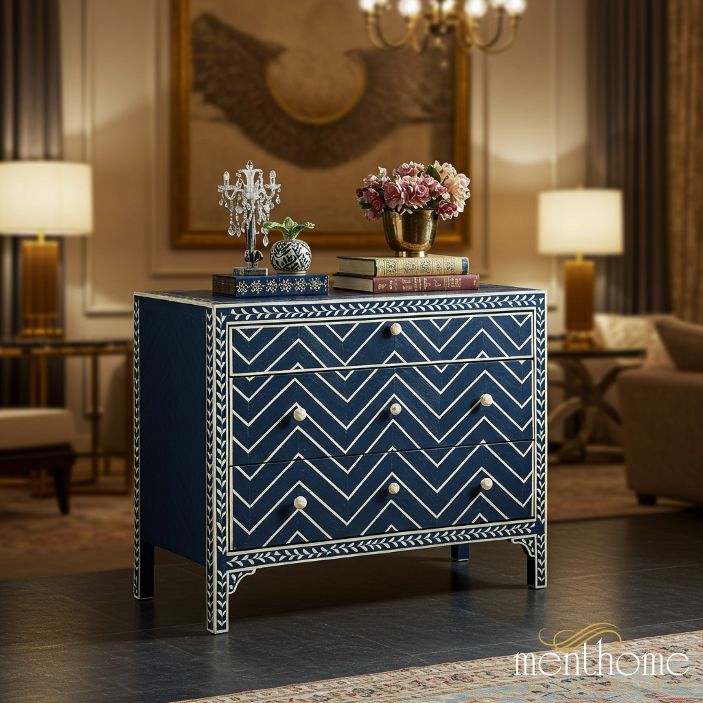 Handcrafted Blue and White Chevron Pattern Chest of Drawers | Luxury H ...