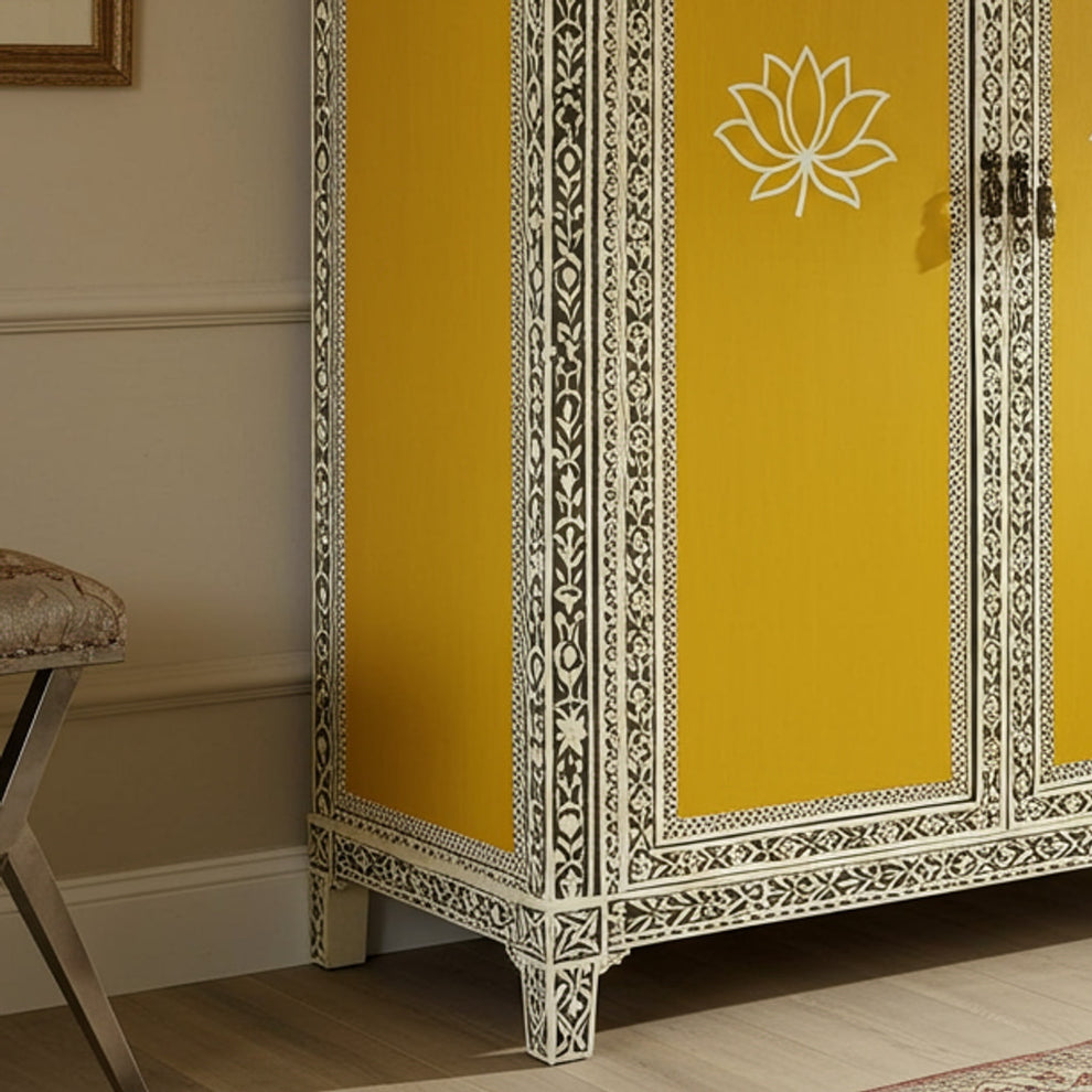 Handcrafted Indian Bone Inlay Mustard Yellow Wardrobe | Luxury Handmad ...