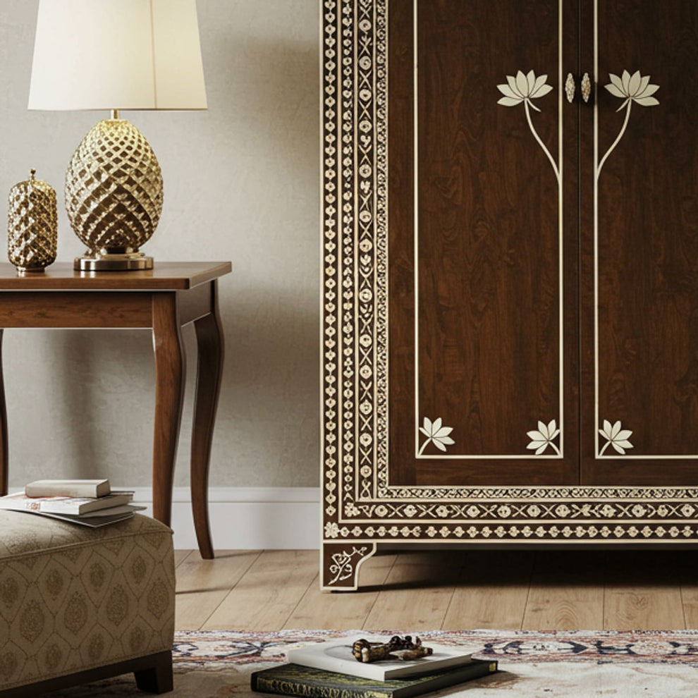 Handcrafted Wooden Wardrobe with Floral Inlay Design | Luxury Handmade ...