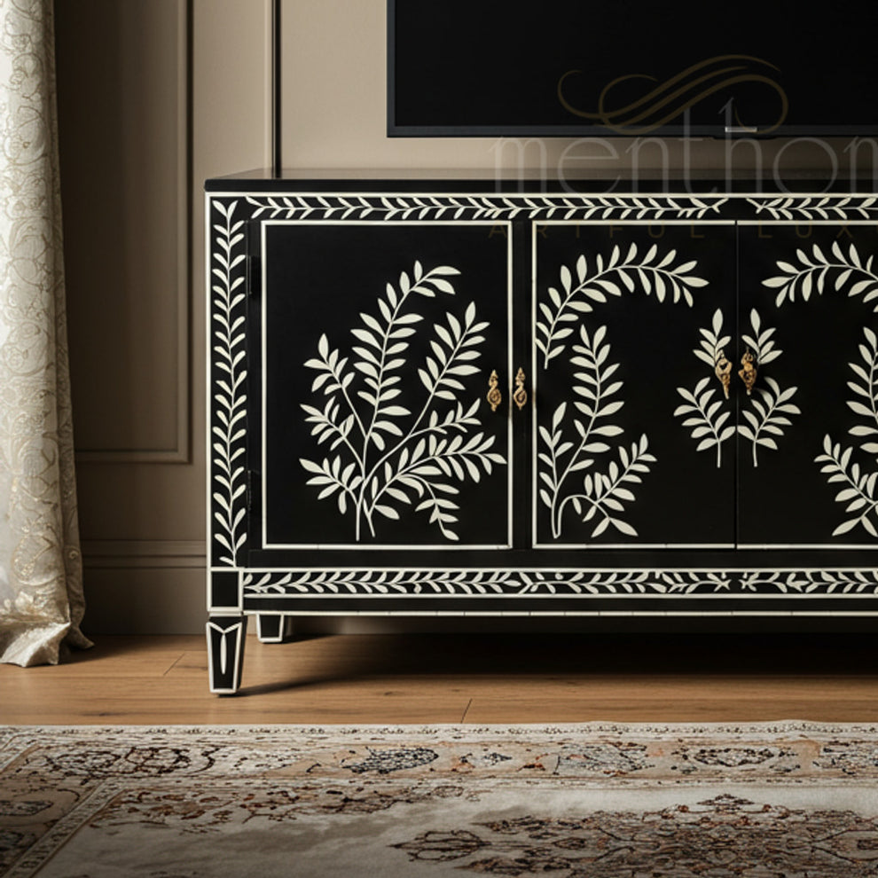 Inlay Black Floral Leaf Design TV Cabinet | Luxury Handmade TV Cabinet ...