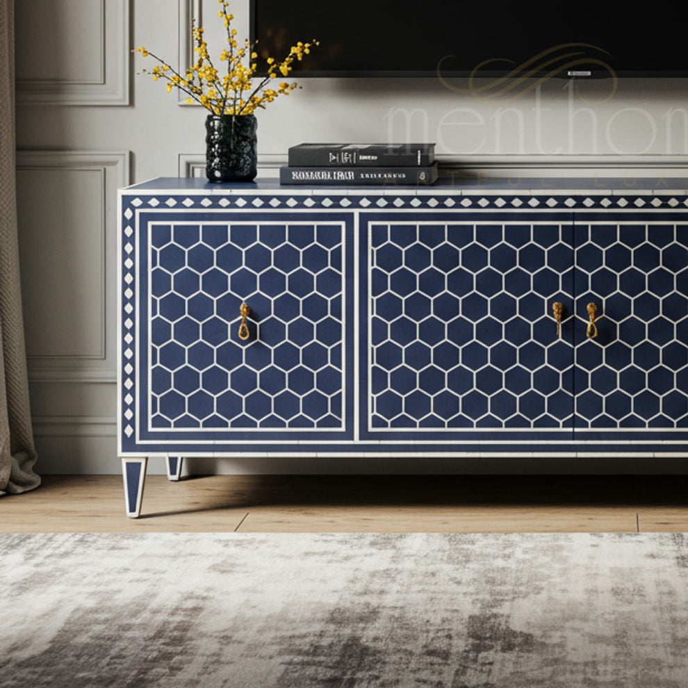 Luxury Inlay Blue Hexagonal Pattern TV Cabinet | Luxury Handmade TV Ca ...