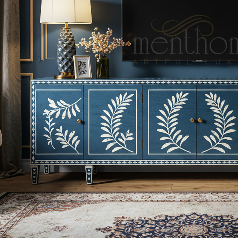 Luxury Inlay Blue TV Cabinet with Leaf Motif | Luxury Handmade TV Cabi ...