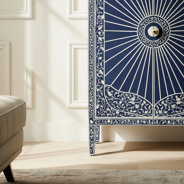 Navy Blue Bone Inlay Cabinet with Floral Design | Luxury Handmade Cabi ...