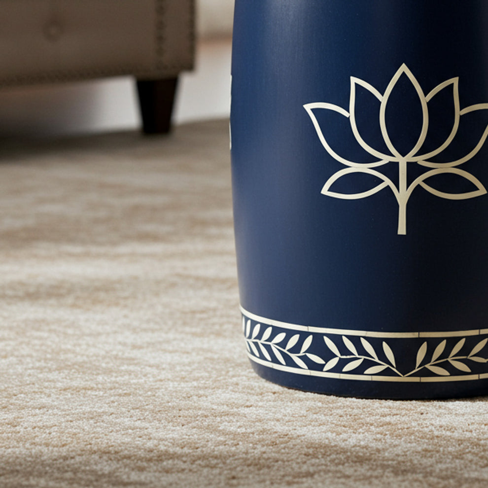 Navy Blue Garden Stool with Lotus Design | Luxury Handmade Stool ...