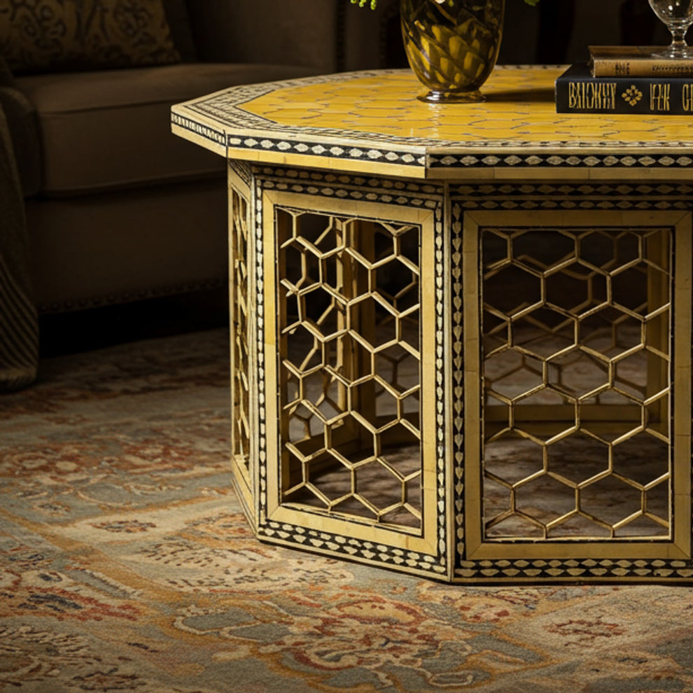 Octagonal Inlaid Wood Coffee Table with Honeycomb Design | Luxury Hand ...