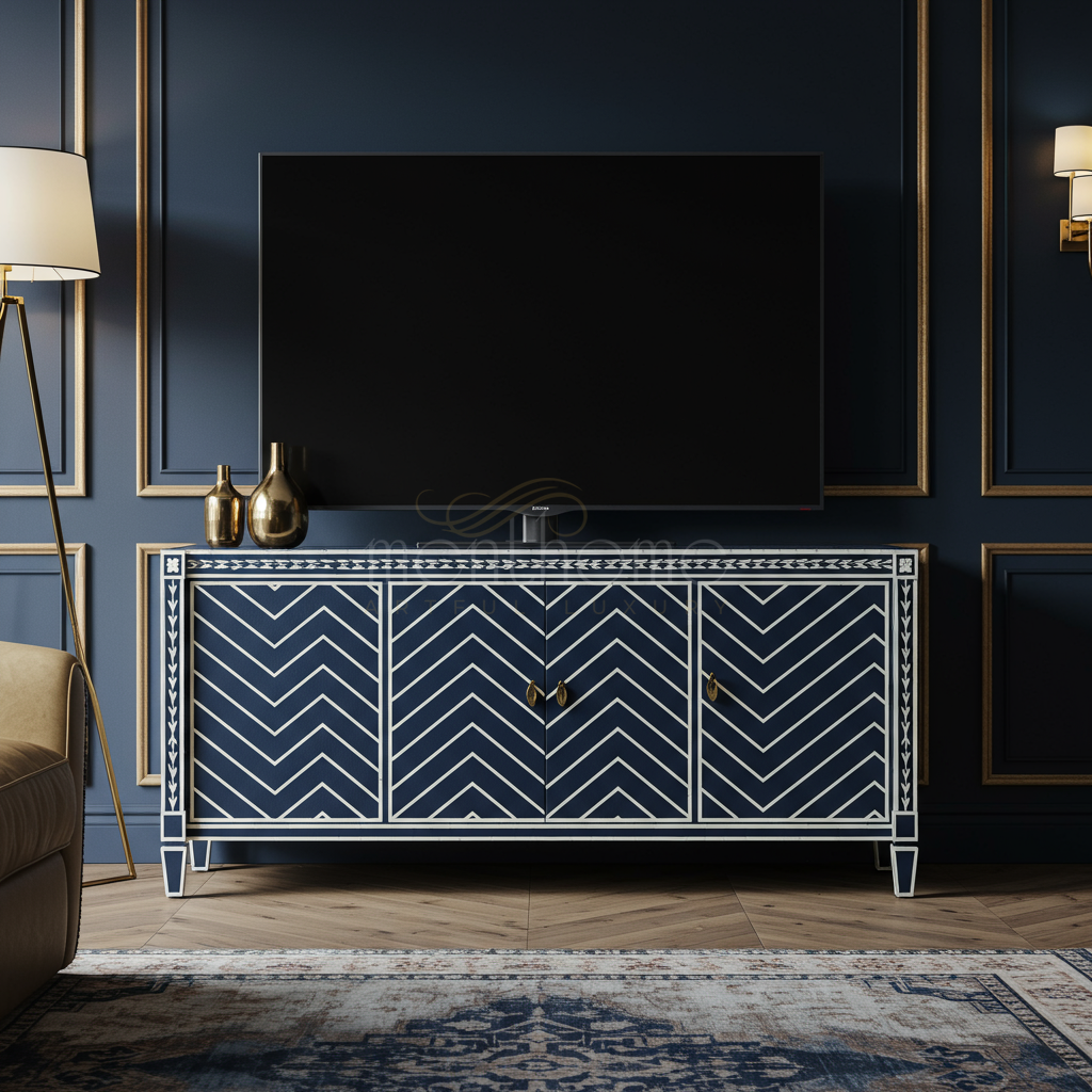 Luxury Navy Blue Inlay TV Cabinet with Chevron Pattern | Luxury Handma ...
