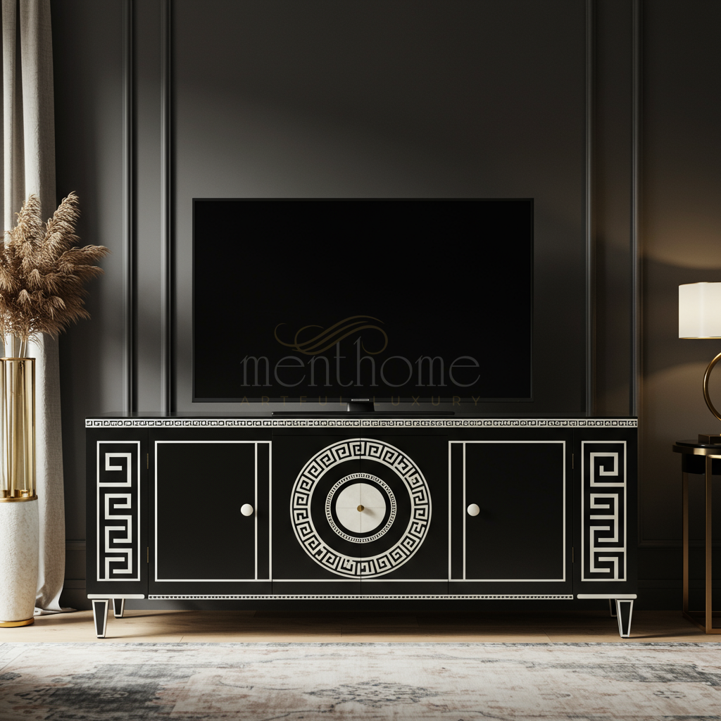 Luxury Inlay Black TV Cabinet with Greek Key Design | Luxury Handmade ...
