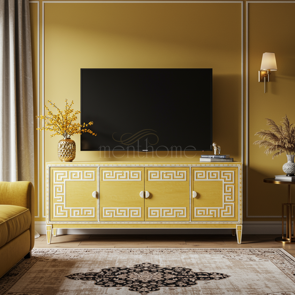Greek Key Inlay Yellow TV Cabinet | Luxury Handmade TV Cabinet ...