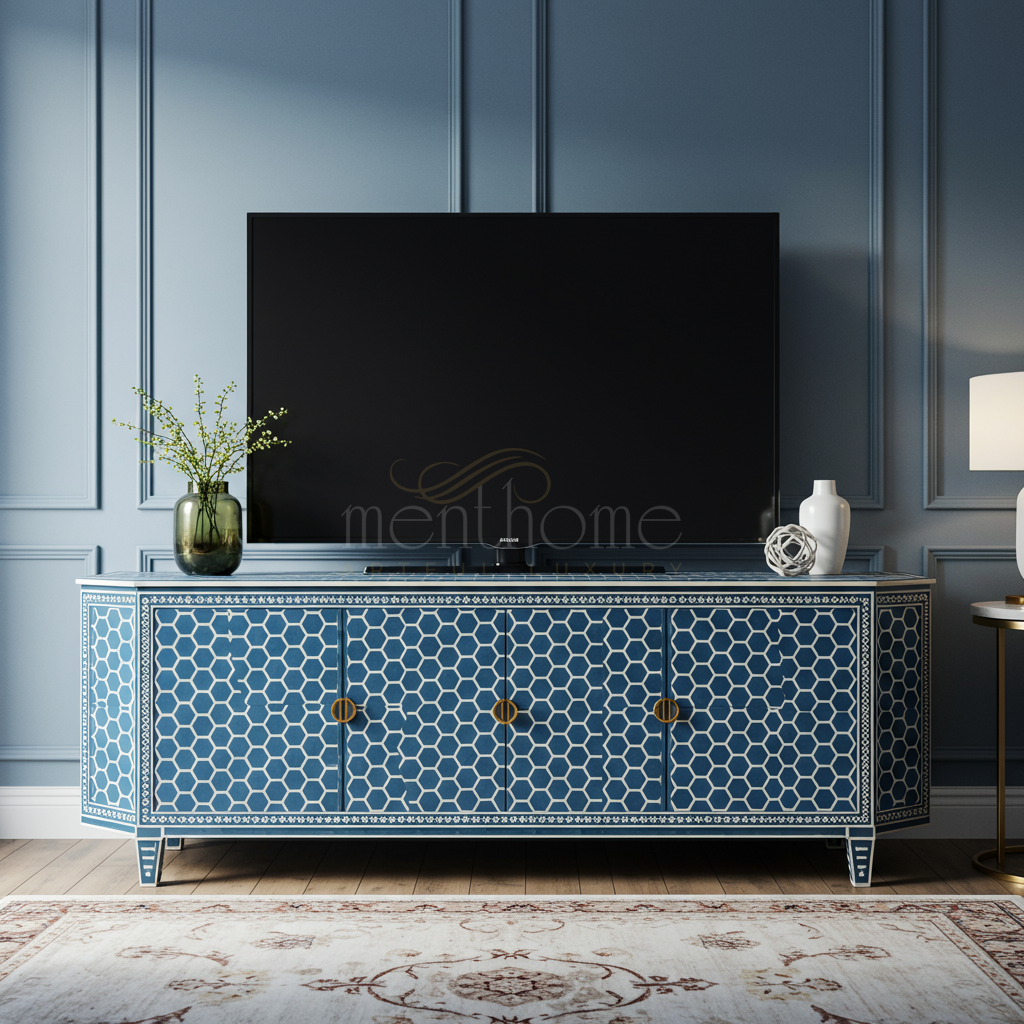 Luxury Blue Hexagonal Inlay TV Cabinet | Luxury Handmade TV Cabinet ...