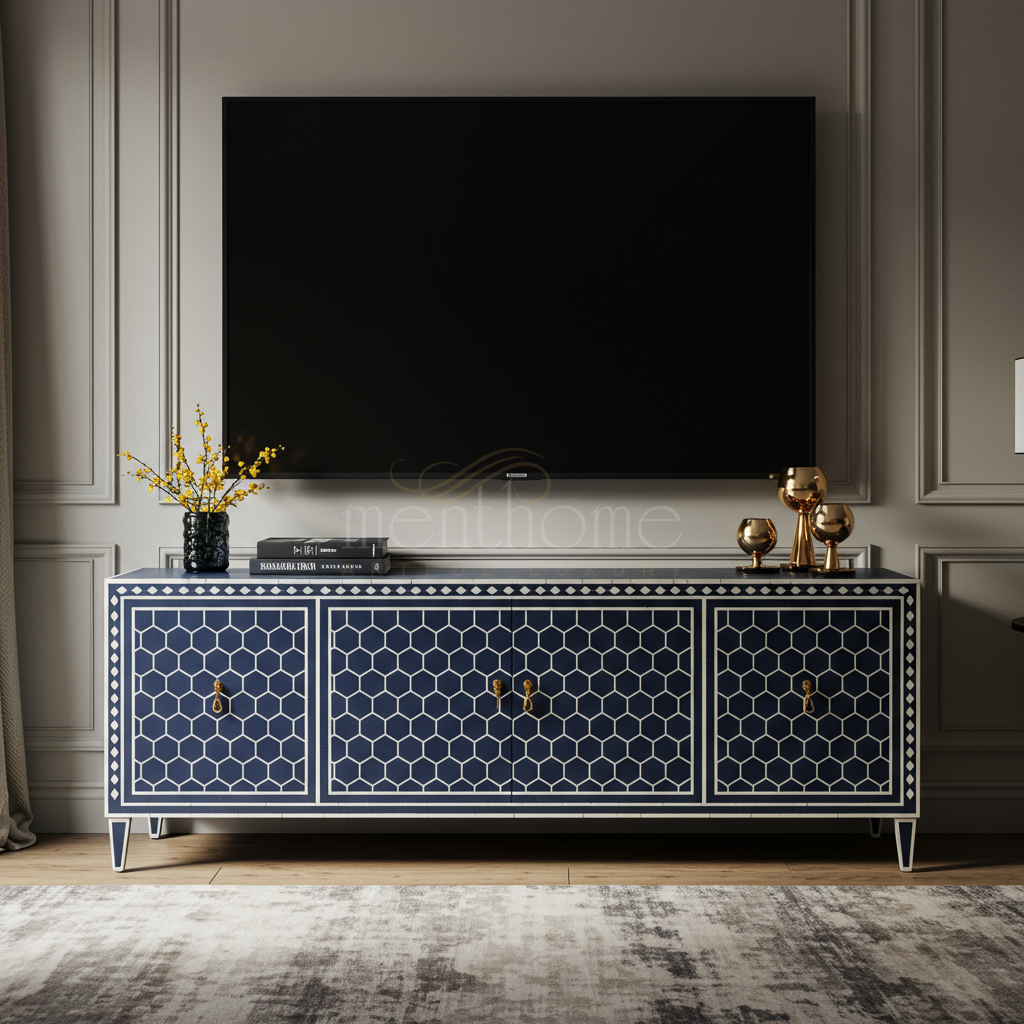 Luxury Inlay Blue Hexagonal Pattern TV Cabinet | Luxury Handmade TV Ca ...