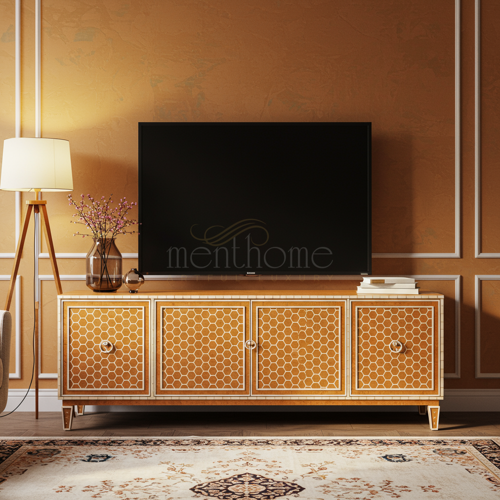 Luxury Inlay TV Cabinet with Hexagonal Pattern | Luxury Handmade TV Ca ...