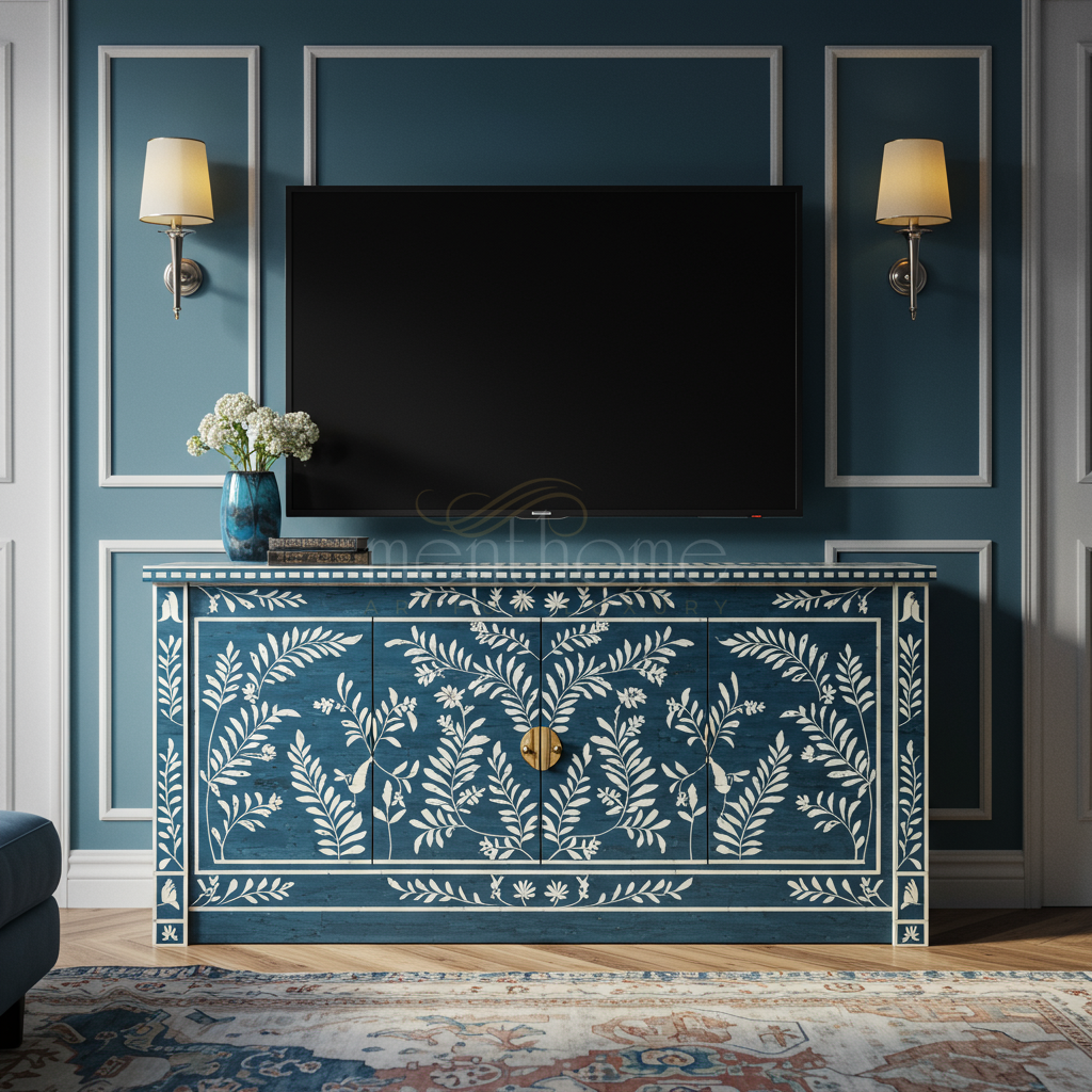 Luxury Inlay Blue TV Cabinet with Floral Patterns | Luxury Handmade TV ...
