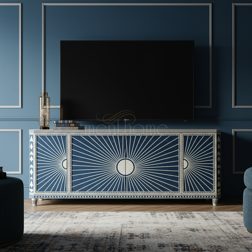 Sunburst Inlay Blue TV Cabinet | Luxury Handmade TV Cabinet – Menthome ...